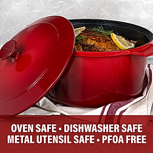 Granitestone Dutch Oven, 5 Quart Ultra Nonstick Enameled Lightweight Aluminum Dutch Oven Pot with Lid, Round 5 Qt. Stock Pot, Dishwasher & Oven Safe, Induction Capable, Healthy 100% PFOA Free, Red
