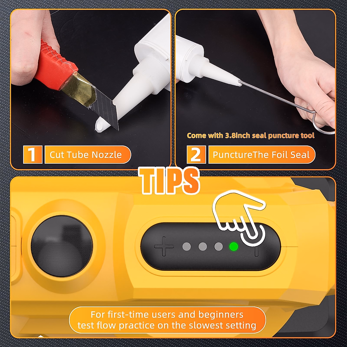 Cordless Caulking Gun w/ 2 Batteries, Uaoaii Electric Caulking Gun Battery Operated w/ 4 Adjustable Speeds, LED Light, Drip-Free Adhesive 10OZ/300ML Caulk Gun for Filling, Sealing