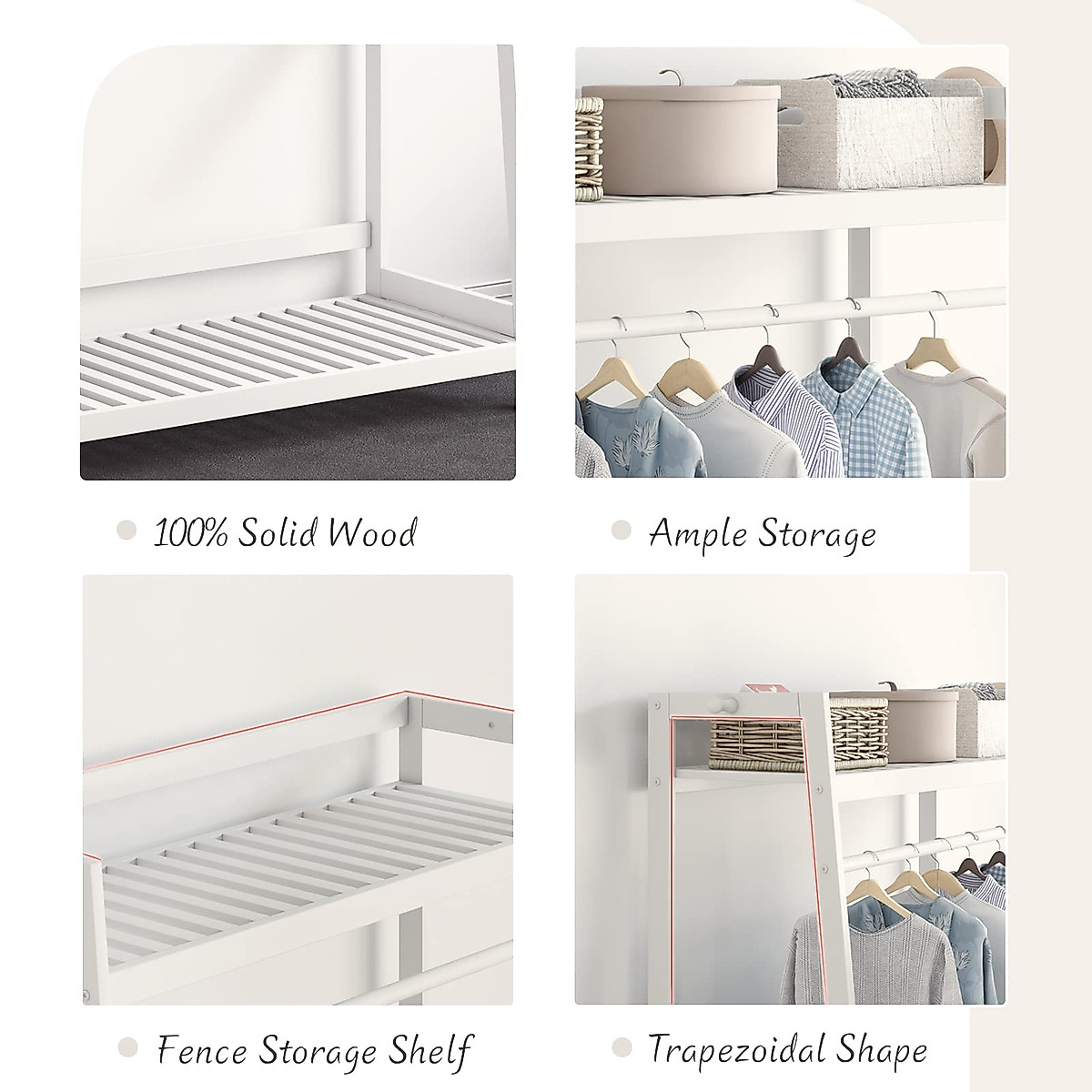 IOTXY Open Wood Garment Rack - White Solid Wood Freestanding Clothing Rack with Storage Shelves and Rod for Hanging Clothes, Large Wide Open Shelving Wardrobe and Closet Organizer for Bedroom, 39.4"W