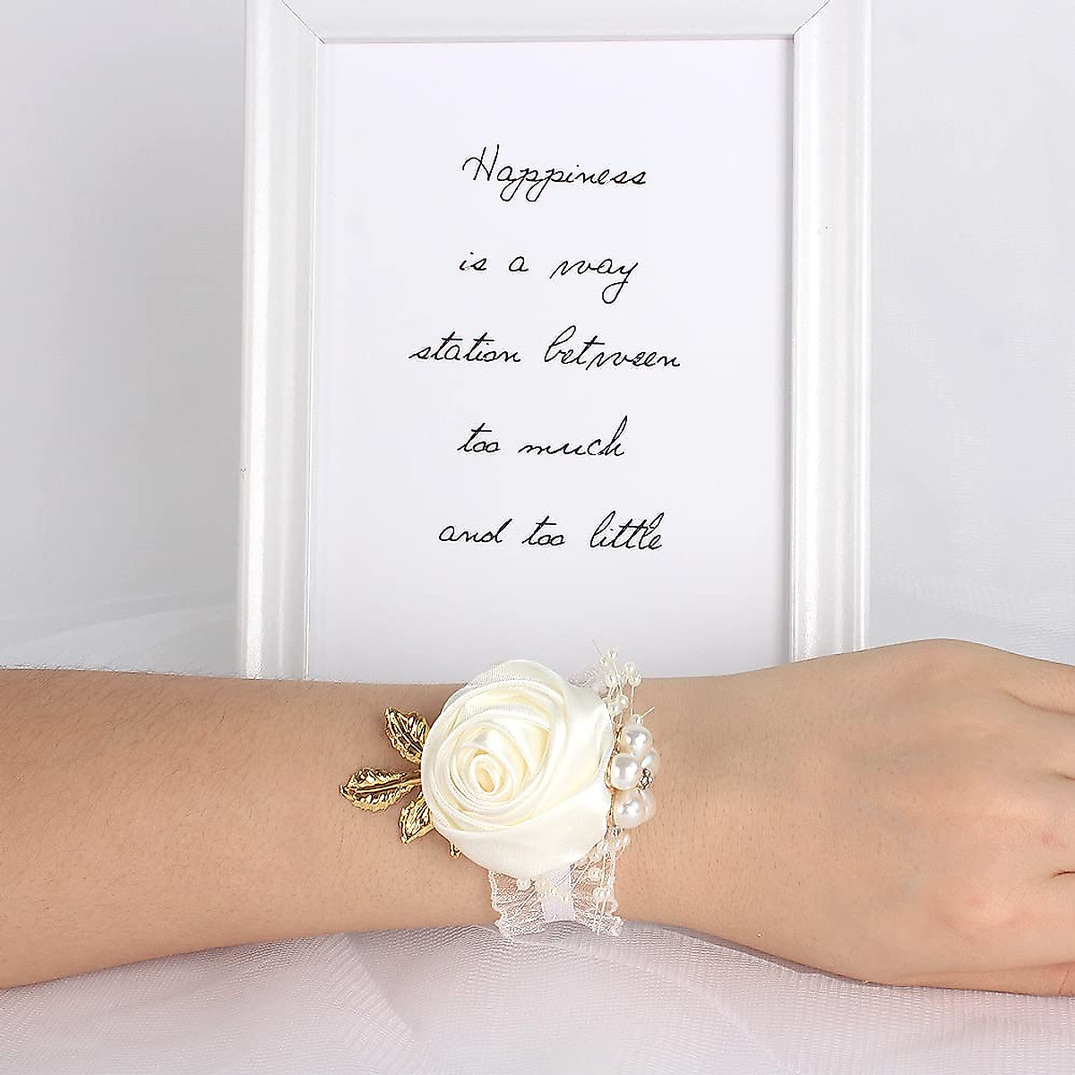 WANLIAN Rose Wrist Corsage Peal Diamond Boutonniere Gold Leaf Wrist Flower for Bride Bridesmaid Prom Wedding Ceremony Anniversary Set of 2(ivory)