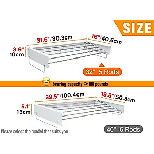 MaiHongda Invisible Wall Mounted Laundry Clothes Drying Rack Clothing Retractable Wall Hanger Collapsible Hanging Towel Holder for Laundry Bathroom Indoor/Outdoor(White,5 Rods,32")