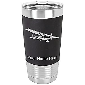 LaserGram 20oz Vacuum Insulated Tumbler Mug, High Wing Airplane, Personalized Engraving Included (Silicone Grip, Black)