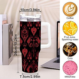 FOCIUZTA 40oz Deep Red Ornate Heart Pattern Tumbler with Lid, Travel Coffee Cup, Ideal for Easter, Gaming Enthusiast, Mother Day, and Birthday Gifts