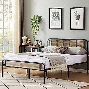 VECELO Queen Bed Frame Heavy Duty Metal Platform with Wooden Headboard Footboard Mattress Foundation 12 Strong Steel Slats Support Under Bed Storage/Easy Assemble