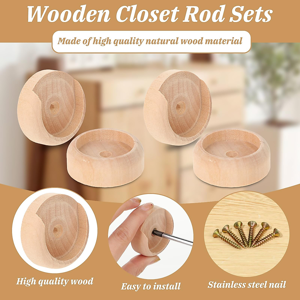 Wooden Closet Pole Socket, 4 Pack Closet Rod Holders Heavy Duty Closet Rod Support, 1-3/8" Pole Hanging Support U-Shaped Rod Brackets with Screws for Bedroom Wardrobe Bathroom Curtain Clothing Store
