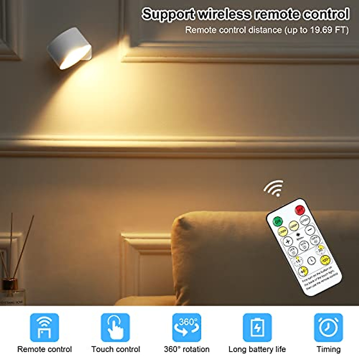 Lightess LED Wall Sconce, Wall Mounted Lamp with Rechargeable Battery Operated, 3 Brightness Level & 3 Color Temp 360°Rotate Magnetic Ball,Touch & Remote Control Wall Light for Reading Bedside