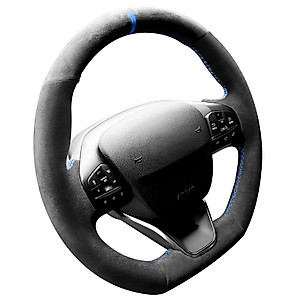 Alfanxi Hand Stitch Alcantara Steering Wheel Cover Compatible with Ford Focus Fiesta Kuga Puma ST ST-Line 2017-2020 (Blue Stripe)