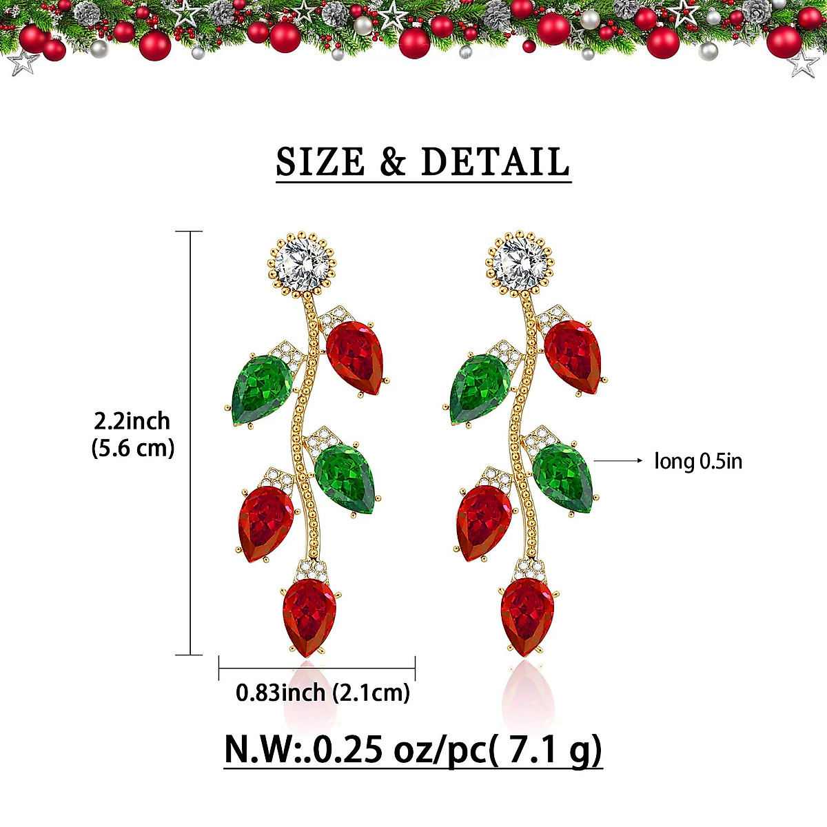 WOWORAMA Christmas Light Earrings for Women Red Green Crystal Bulb Earrings Statement Christmas Holiday Earrings Jewelry - Red Green Lights Xmas Earrings