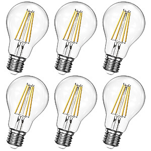 Dimmable A19 Clear LED Light Bulbs 60W Equivalent, 2700K Soft Warm White Light Bulbs 6W E26 Base, Antique Edison Bulbs for Living Room Bedroom Outdoor, 6Packs