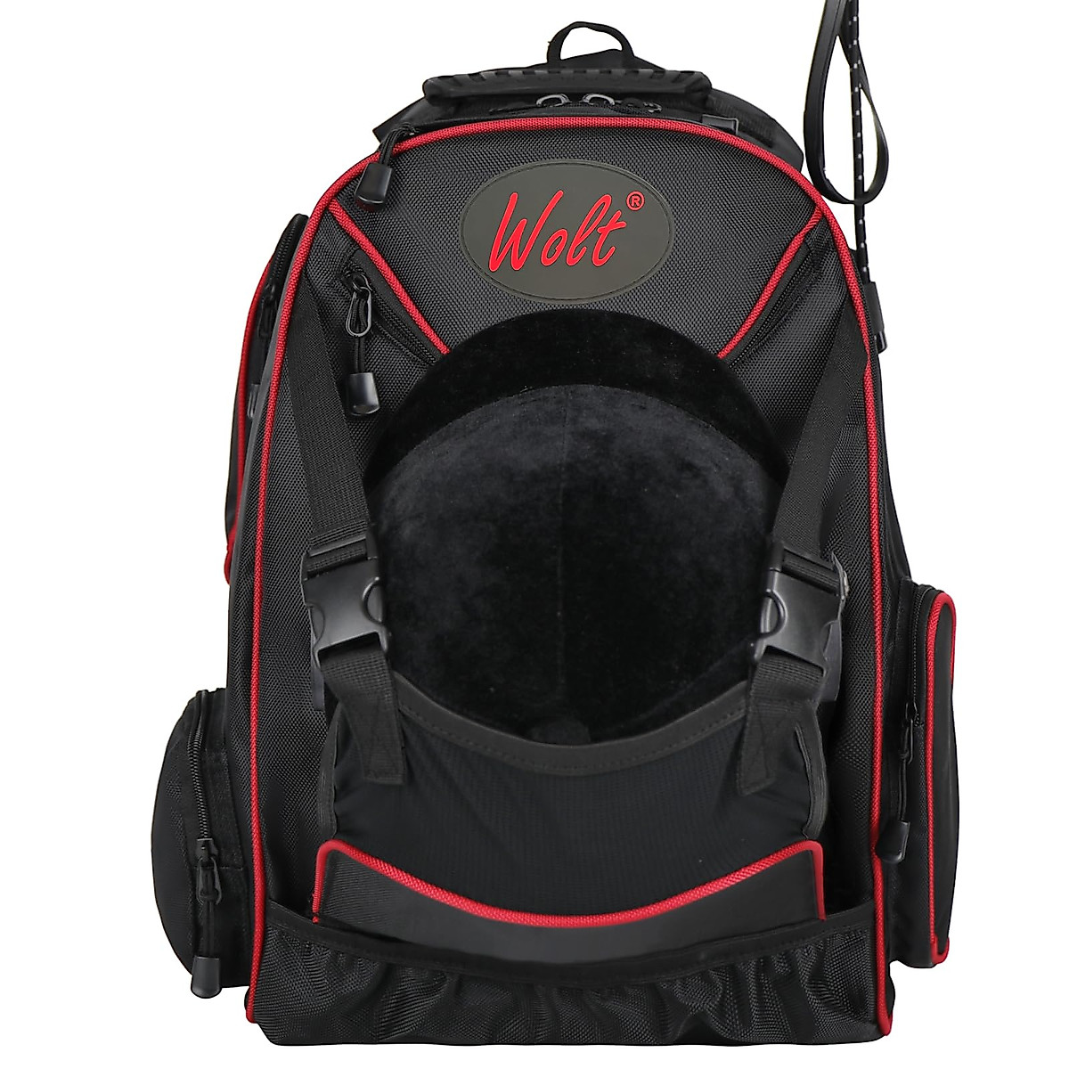 WOLT Professional Equestrian Backpack with Helmet Holder for Horse Riding, One Bag wih Multiple Compartments Carry All Accessories (NOT included), One Size Black+Red