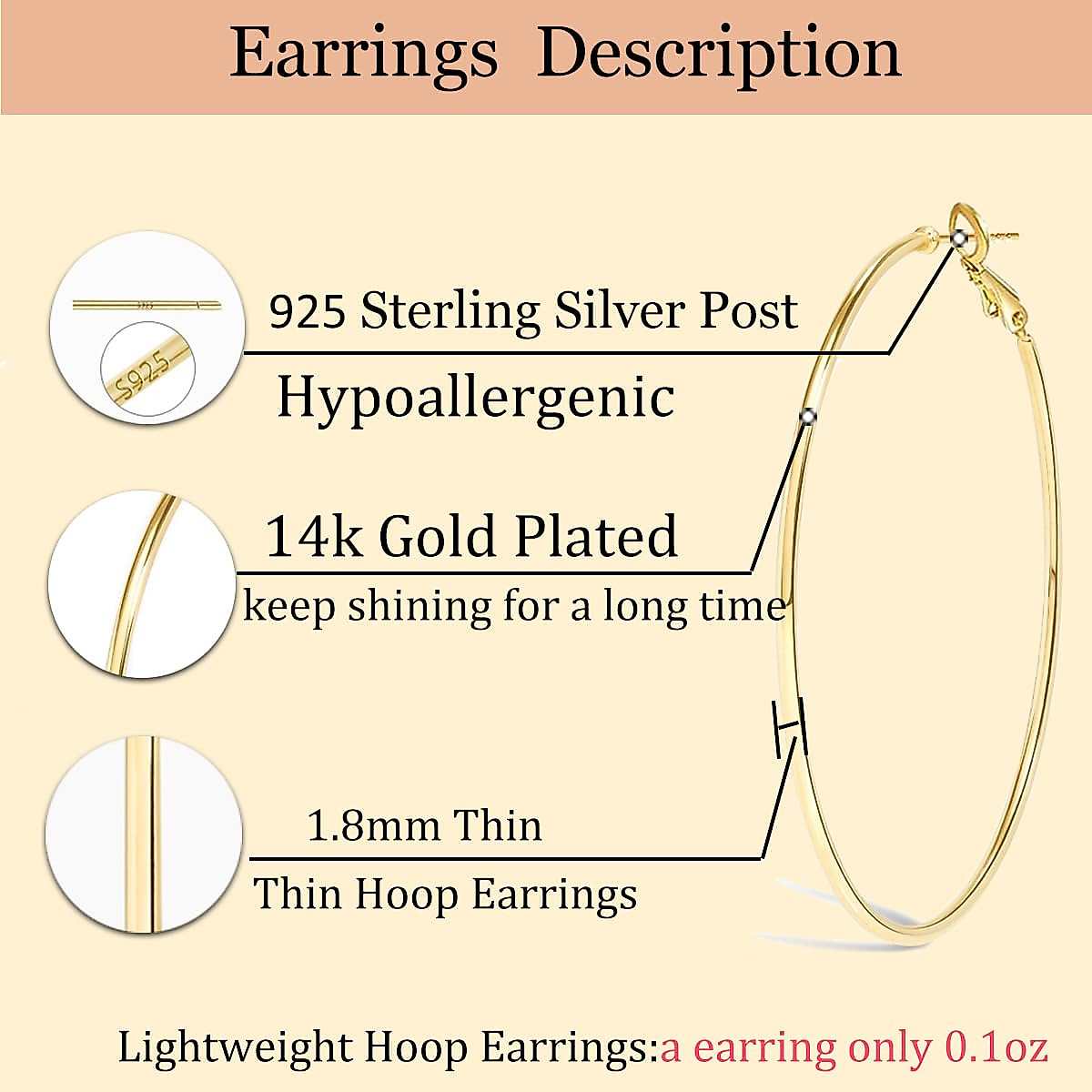 Cocadant Big Gold Hoop Earrings for Women,3 Colors Large Thin 60mm Silver Hoop Earrings Set Stainless Steel 14K Gold Plated with Hypoallergenic Sterling Silver Post