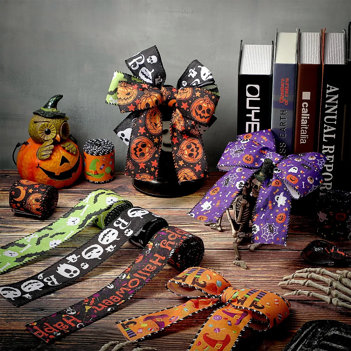 Yuxung 6 Rolls 30 Yards Halloween Wired Edge Ribbon for Wreaths Bat Spider Web Pumpkin Print Grosgrain Ribbon Ghost Witch Hat and Leg Ribbon Halloween Party Decorative Ribbon Supplies
