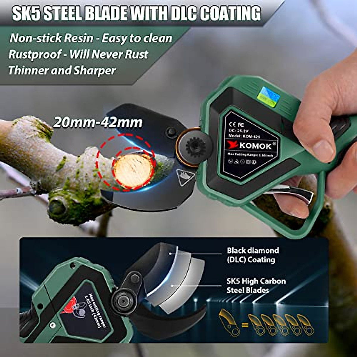 KOMOK Electric Pruning Shears, Professional Cordless Electric Pruners Battery Powered Tree Branch Cutter with 2 Rechargeable 2 Ah Lithium Batteries, 1.65" (42mm) Cutting Diameter 8-10 Working Hours