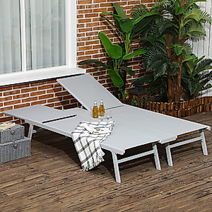 Outsunny Chaise Lounge Pool Chairs Set of 2, Aluminum Outdoor Sun Tanning Chairs with Five-Position Reclining Back, Shelf & Breathable Mesh for Beach, Yard, Patio, Light Gray