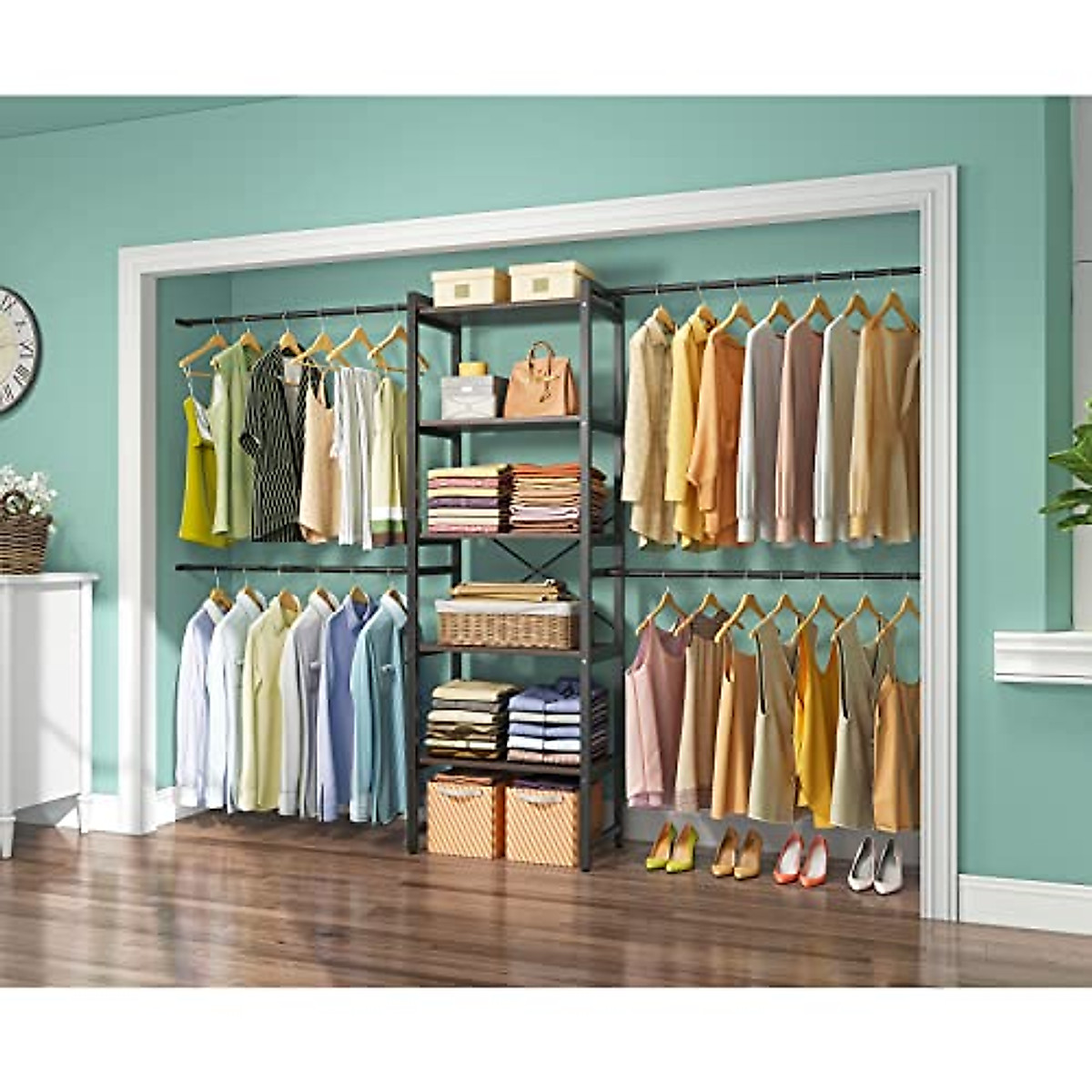 Timate P6 Clothes Rack Bedroom Armoires Heavy Duty Garment Rack Adjustable Walk in Closet Organizer System Kit Tower with Expandable Hanging Rod 5-Tier Closet Storage Shelves, Fits 6-9 ft Space, Black