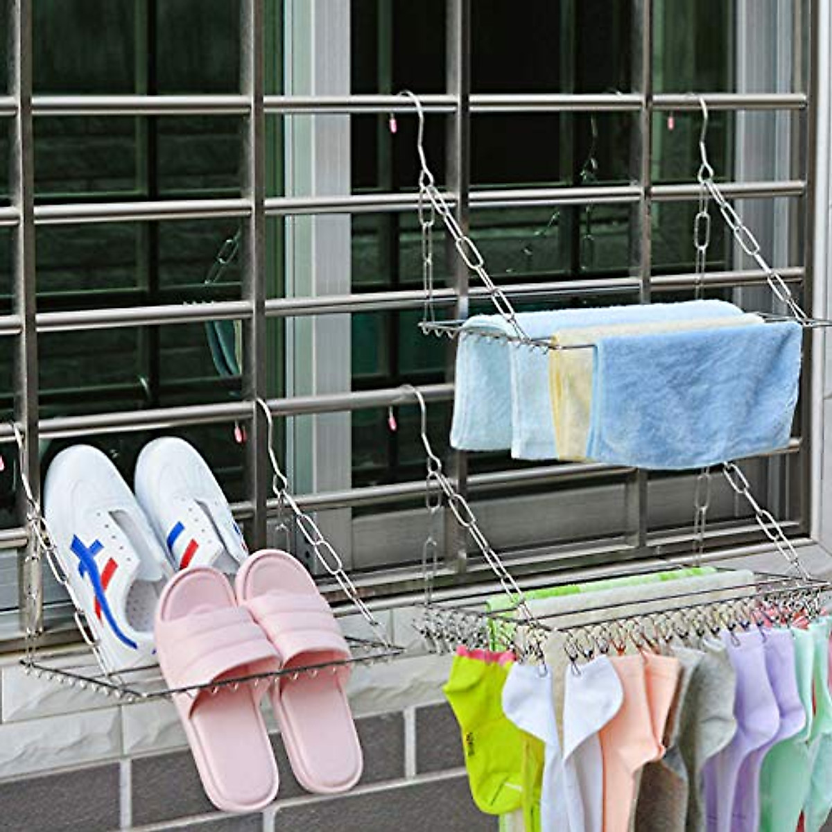 Cabilock Metal Coat Hanger Socks Drying Rack 36 Clips Stainless Steel Clothing Laundry Drying Hanger Underwear Bras Clip Drying Holder Balcony Clothes Hanger Organizer Dish Drying Rack Collapsible