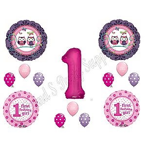 1st Birthday OWL PAL Party Balloons Decoration Supplies First Woodland Purple