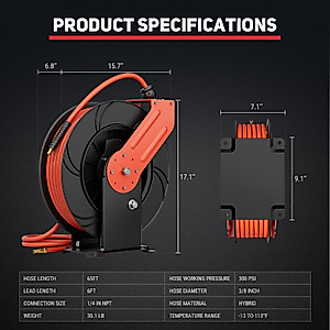 Air Hose Reel, 3/8 In X 65 ft Retractable Air Hose Reel, Double Arm & Auto Rewind Air Compressor Hose Reel Heavy Duty Air Tool Hose Reels with 6 ft Lead In Max 300PSI for Ceiling/Wall Mounts