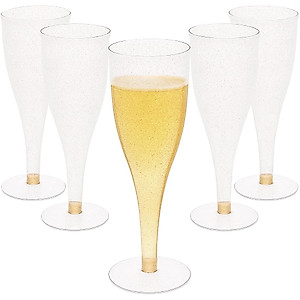 Oojami Gold Glitter Plastic Classicware Glass Like Champagne Wedding Parties Toasting Flutes (1 Box = Quantity 30)