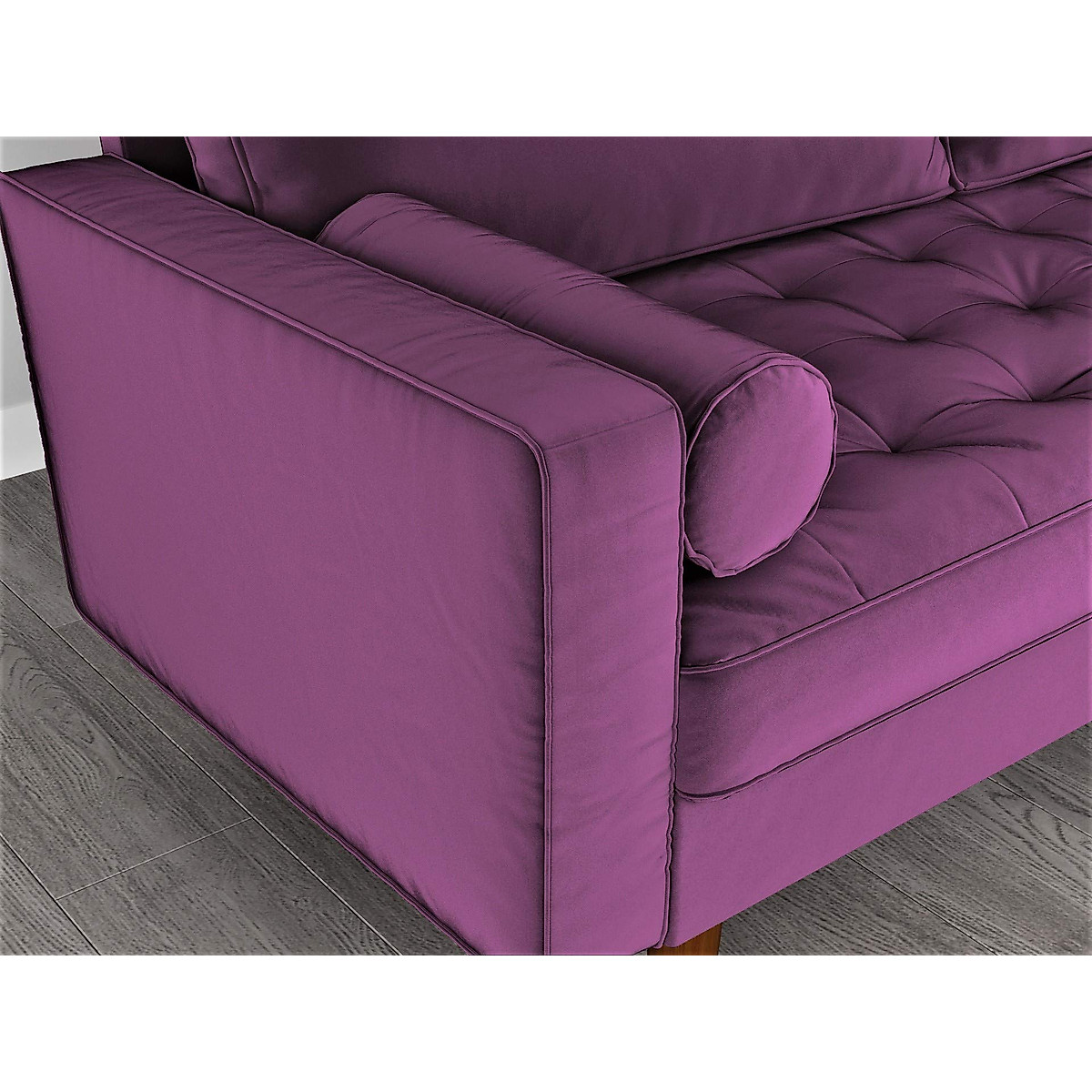 Container Furniture Direct Womble 58 Inch Velvet Loveseat Sofa with Elegant Button Tufted Upholstery, Square Arms, Splayed Wood Legs, Includes Matching Bolster Pillows, Eggplant