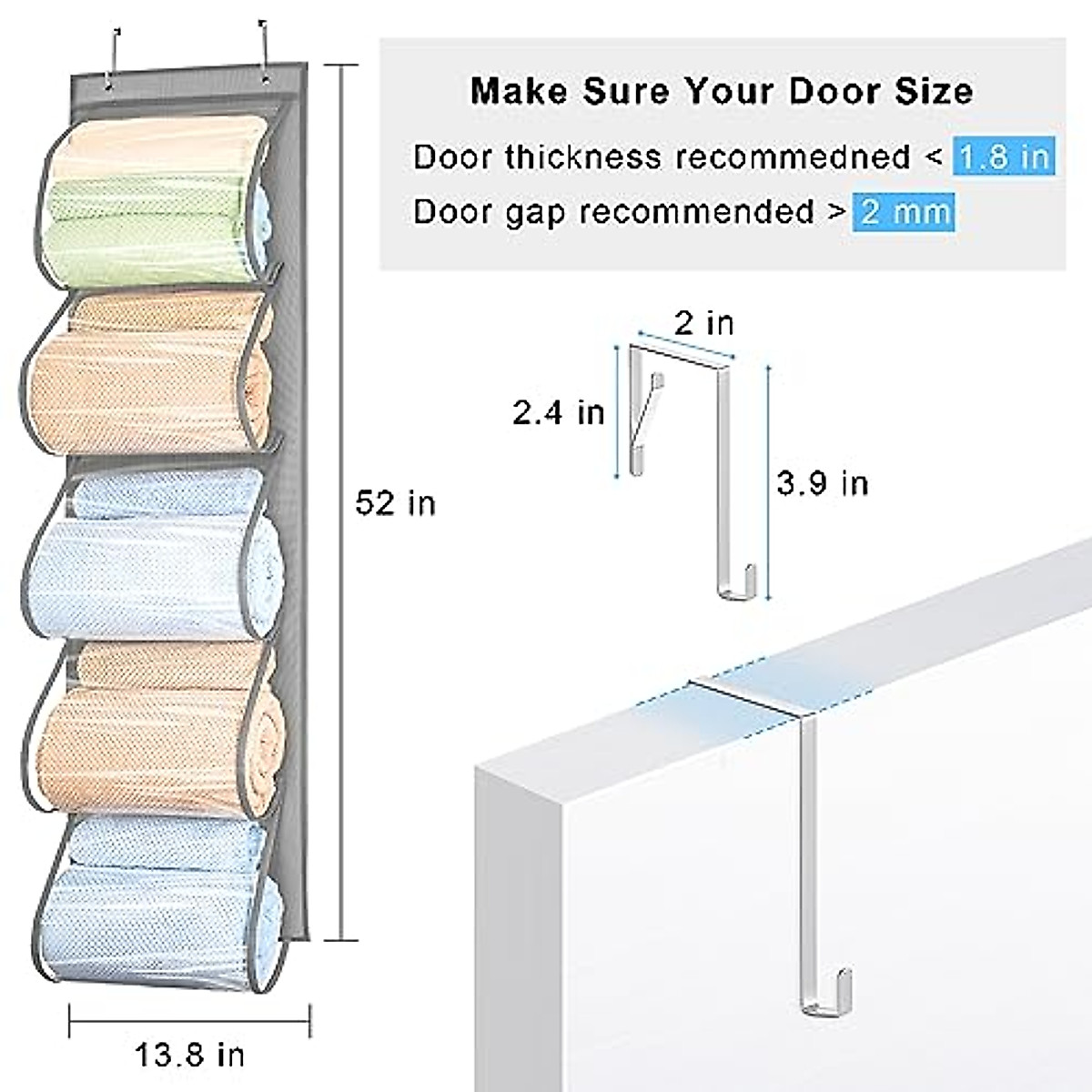 Towel Storage with 5 Pockets, Bath Towel Organizer for Rolled Towels Large Capacity Over The Door Towel Rack Bathroom Towel Holder Space Saving for Large Towels/Bathrobe/Thin Blanket, RV-Grey