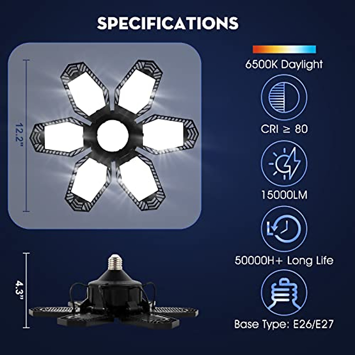 OUSHASAA 2-Pack 150W Garage Lights Ceiling LED, 15000LM 6500K Bright LED Shop Lights, Deformable E26/27 Screw in Garage Lights with 6+1 Adjustable Panels for Workshop, Basement, Barn, Warehouse