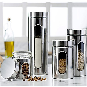 Quality 4pc Stainless Steel Canister Set for Kitchen Counter with Glass Window & Airtight Lids, Food Storage Containers, Pantry Storage & Organization Set for Coffee, Flour, Pasta, Rice, Spices, Herbs