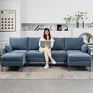 MELLCOM 115.4" Cloud Couch Sectional 4-Seat U Shaped Couch w/Chaise & Ottoman, Comfy Memory Foam Sectional Sofa in Washable Chenille Fabric, Modern Living Room Modular Sofa, Blue