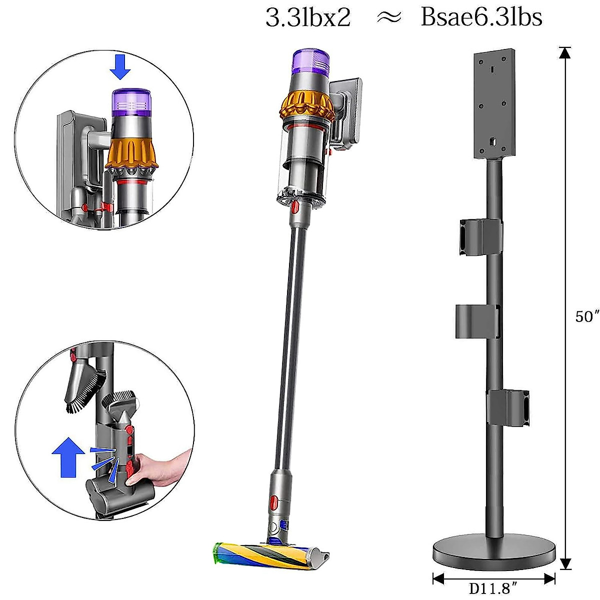 Lasvea Vacuum Stand for Dyson V15 Detect,V12,V11,V10,V8, V7-Sturdy Aluminum Tube Storage Holder, 6.2 Lbs Steel Base,3 accessory clips for Up to 9 Attachments & Charger, With Trigger Lock