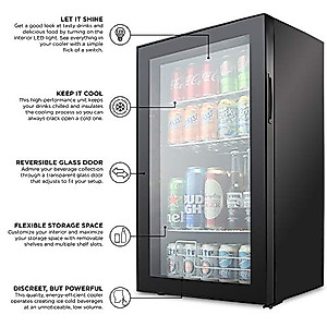 Ivation 126 Can Beverage Refrigerator | Freestanding Ultra Cool Mini Drink Fridge | Beer, Cocktails, Soda, Juice Cooler for Home & Office | Reversible Glass Door & Adjustable Shelving - Black