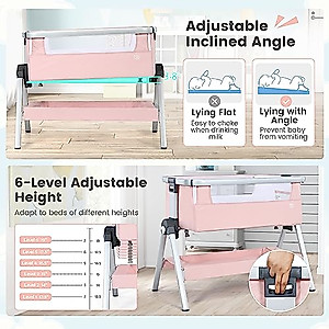 BABY JOY Bassinet, Portable Bedside Crib w/Mattress, Storage Basket, Built-in Pulleys, Adjustable Height & Travel Bag, Bassinet Bedside Sleeper for Newborn Infants (Pink)