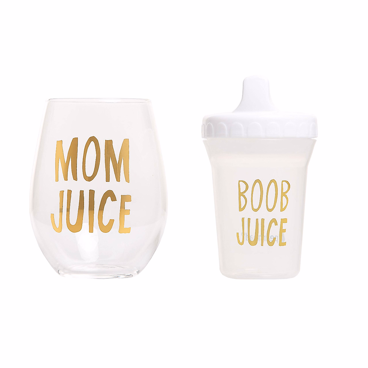 Pearhead Stemless Wine Glass and Sippy Cup Set, Matching Mom and Baby Drinkware Set, Accessory for New Moms and Expecting Mothers, Gold