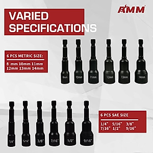 AMM 12-Piece Magnetic Nut Driver Set，1/4" Hex Shank Power Driver Bit Set，Metric(8-14mm) and SAE(1/4-inch - 9/16-inch) ，Cr-v Steel