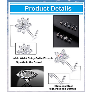 Tornito 9Pcs Nose Rings Stud L Shaped Nose Ring Flower CZ Snowflake Butterfly Screw Nose Stud Body Piercing Jewelry for Women Men 20G Silver Tone