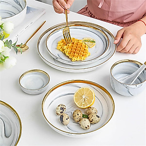 BINTING Steak Dinner Plate Gold Rim Ceramics Dinnerware Set Gold Rim Dinnerware Set European Style Dishes 9-Pieces Sets Gold Edge Marble Pattern Sturdy Tableware