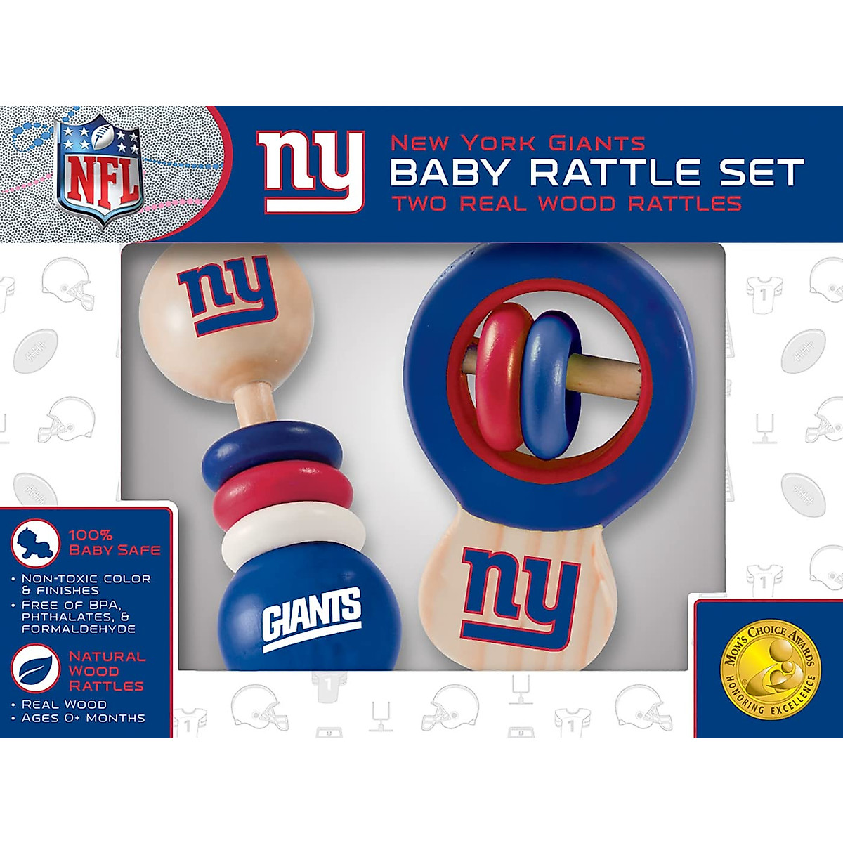 MasterPieces NFL New York Giants Natural Wood, Non-Toxic, BPA, Phthalates, & Formaldehyde Free, Baby Rattle Set, 2 Pieces