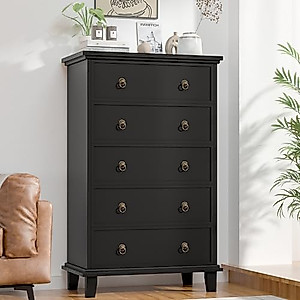 COWMOU Black Dresser for Bedroom, Chest of Drawers Tall 5 Drawers Dresser, Wooden Storage Dresser with Three-Level Silent Drawer Slide for Living Room, Hallway