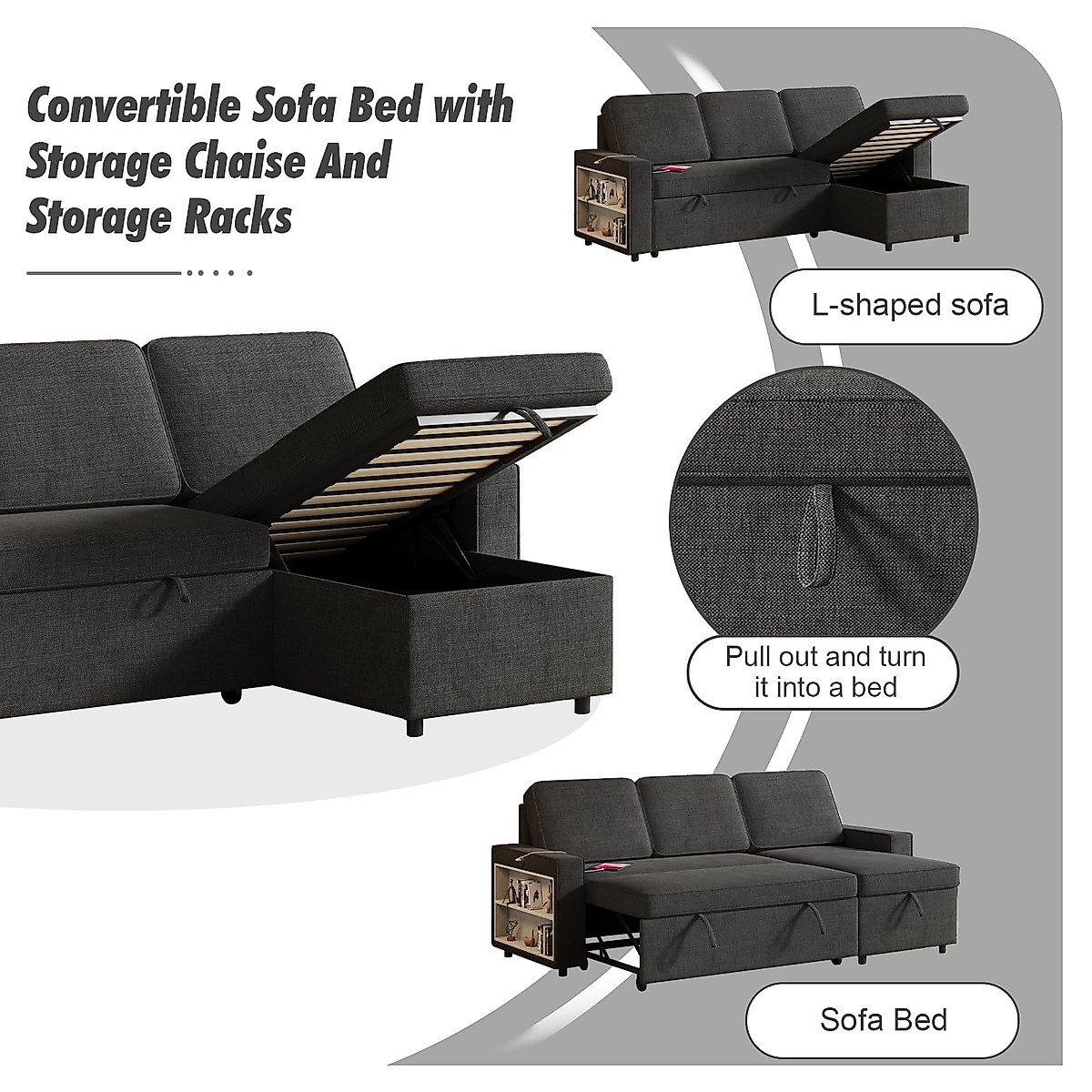 CAPCAEK 85.8" L-Shaped Couch Convertible with Storage Racks & USB Ports, Pull Out Sleeper Sofa Pull-Out Bed, 3 Seater Linen Fabric Convertible Corner Sofa&Couches for Living Room, Apartment (Black)