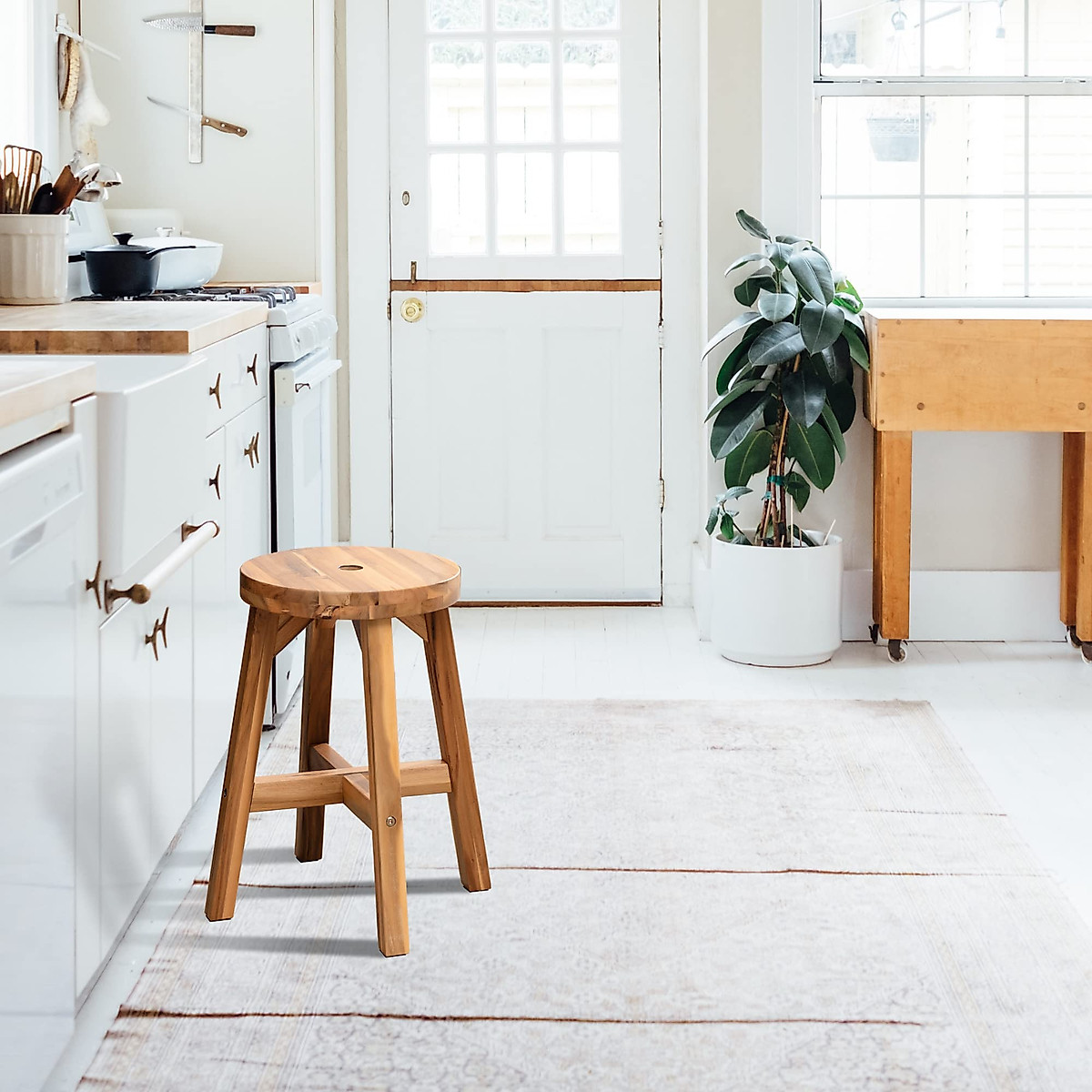 Acacia Wooden Stool Round Top Chairs. Sub-Stool for Kitchen Living Room. Strong Weight Capacity Upto 350 LBS, Natural Color