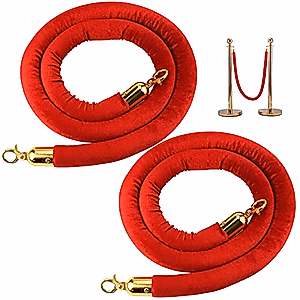 CZWESTC 2 pcs Red Velvet Stanchion Rope,Crowd Control Rope Barrier with Polished Gold Hooks for Oscar Party Decorations,VIP Sign,Red Carpet Events, Car Shows, and Upscale Affairs.