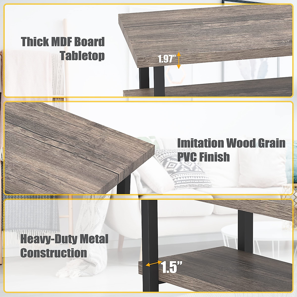 charaHOME Coffee Table Rustic Vintage Industrial Design Sturdy Metal Frame Legs Sofa Table Cocktail Table with Storage Bottom Open Shelf for Living Room, Easy Assembly, 42"x 22", Gray Brown