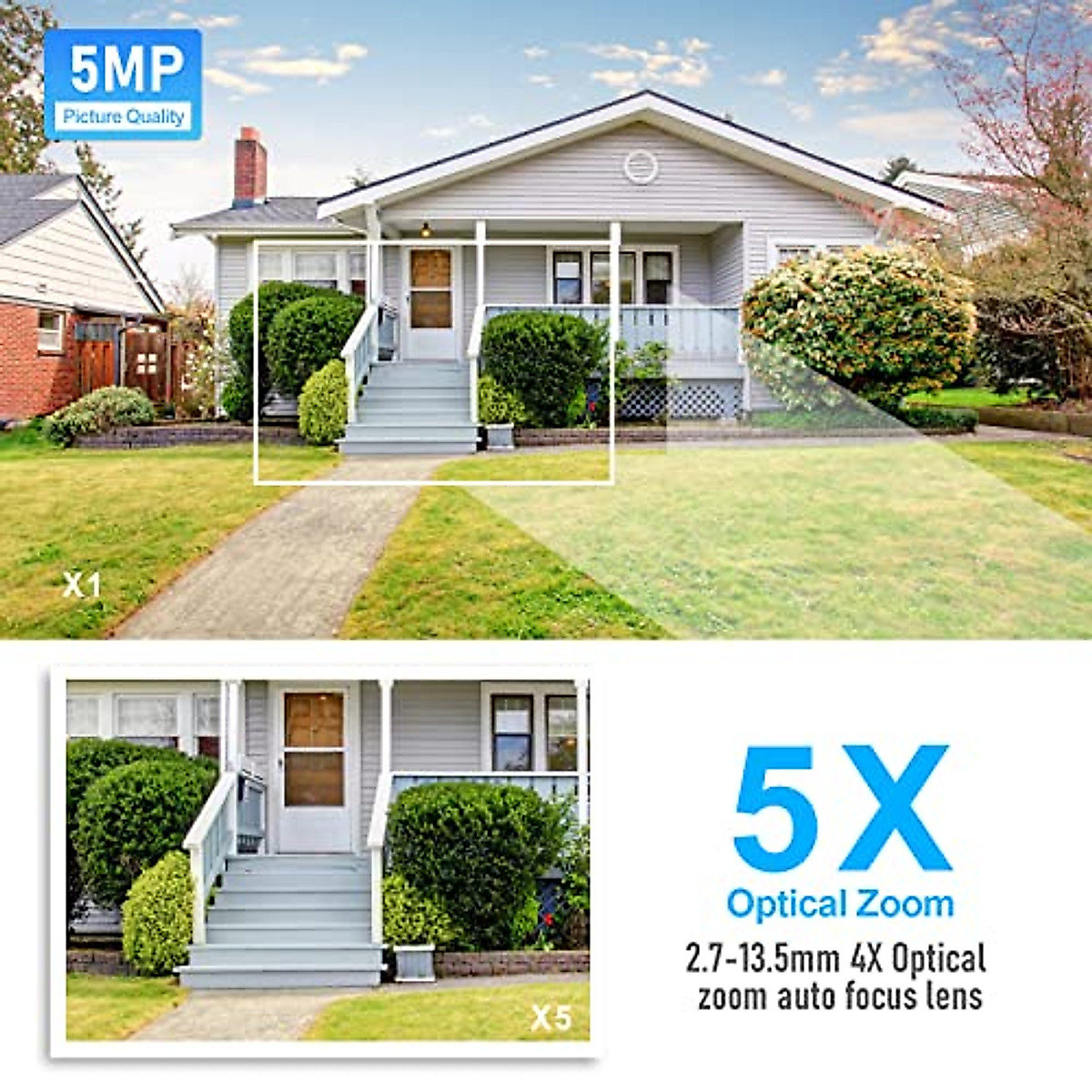 JideTech 5MP PTZ WiFi Camera Outdoor, 5X Optical Zoom IP Dome Camera, Auto Tracking Security Camera, 196ft IR Night Vision, Human/Motion Detection, Two Way Audio, IP66 Waterproof, SD Card Slot