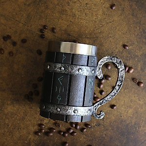 Ottalent Nordic Viking Mug,Oak Wooden Beer Stein Stainless Steel Liner,Nordic mythology Viking Runes Tankard Coffee Cup for Men Father’s Day Gift 18oz.