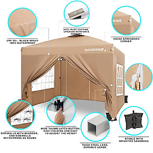 OASISHOME Pop-up Gazebo Instant Canopy Tent 10'x10', with 4 Sidewalls, Windows, Wheeled Bag, for Patio/Outdoor/Wedding Parties and Events (10FTx10FT, Khaki)