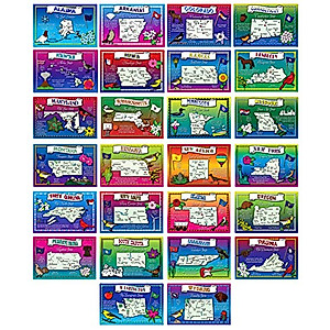 U.S. State Map Postcard Set. 50 modern post card variety pack. Illustrated postcards with maps of all fifty states of the United States of America. Made in USA.