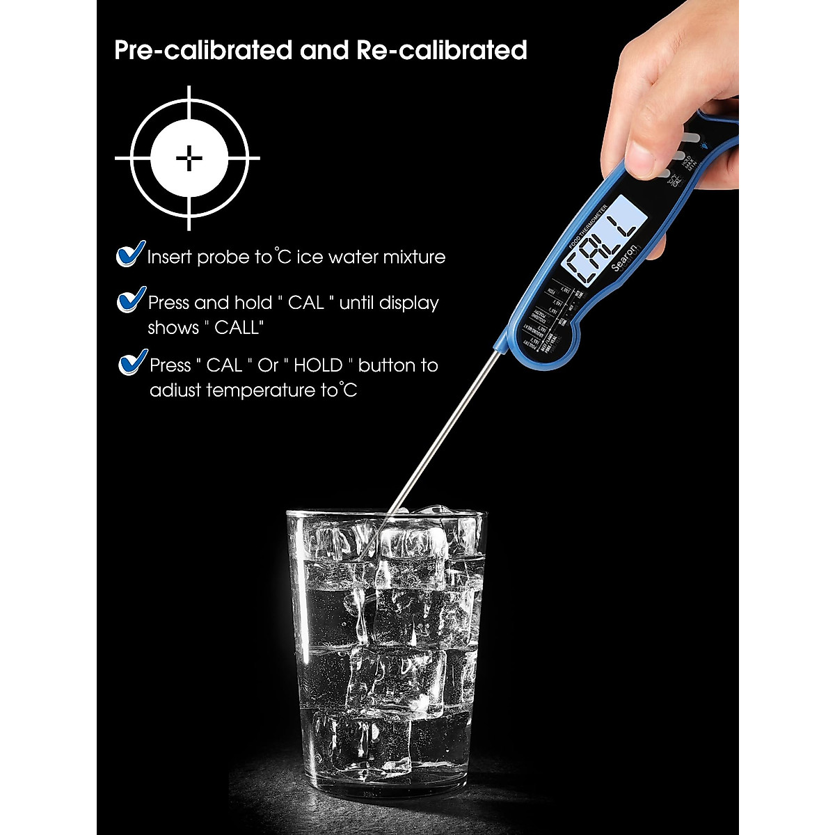 Searon Meat Thermometer,Calibration Feature Digital Food Thermometer with Instant Read Out,Backlight and Waterproof,Kitchen Thermometer for BBQ Grilling, Smoker, Baking Turkey