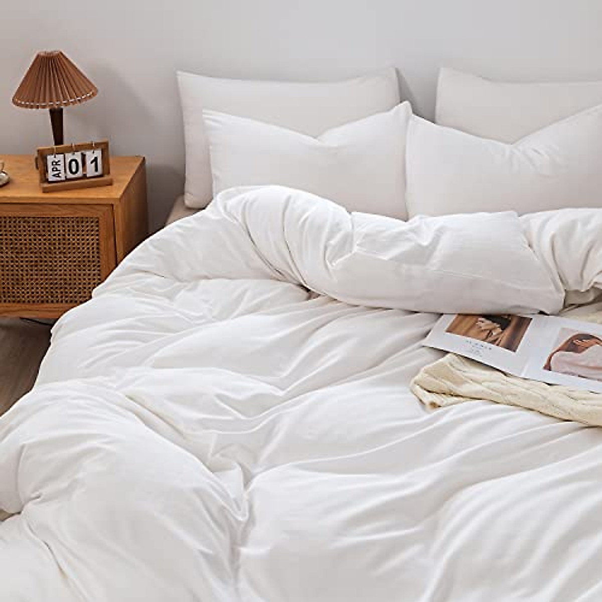 PATSAY 100% Cotton Linen-Like Textured Duvet Cover Set, 3 Piece Luxury White Bedding Set Queen Size, Soft and Breathable, with Zipper Closure and Corner Ties (1 Duvet Cover+2 Pillowcases)