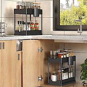 Innotic Under Sink Organizer, Double Sliding Under Cabinet Organizer 2 Tier Pull Out Drawers Multi-purpose Under Sink Organizers and Storage with 4 Hooks, Hanging Cup for Kitchen Bathroom 1 pack