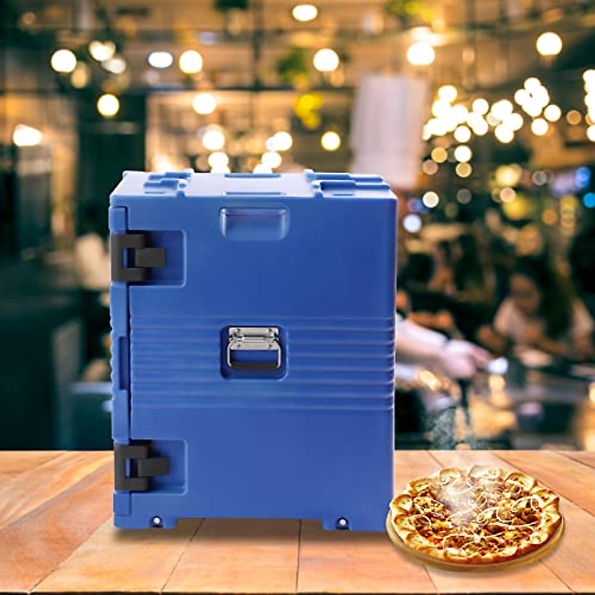 GDAE10 End-Loading Insulated Food Pan Carrier,82Qt/90L Hot Box for Catering, PE Food Box Carrier One-Piece Buckle, Front Loading Food Warmer w/Handles＆Wheels, for Restaurant, Canteen, Blue