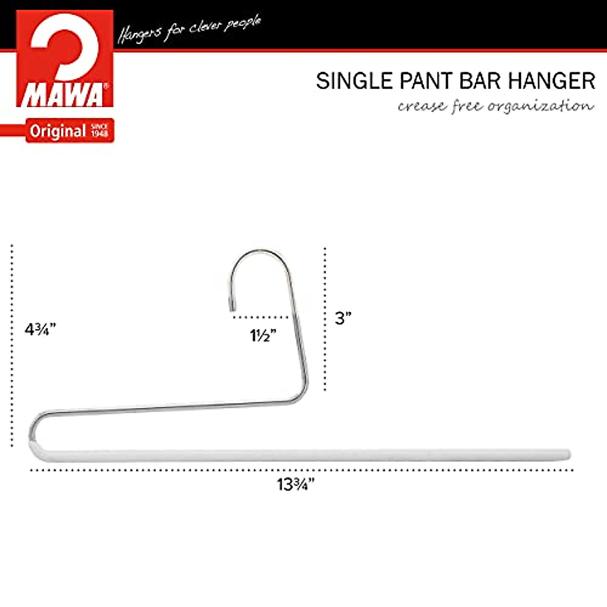 Mawa by Reston Lloyd Reverse Hook Trouser Series Non-Slip Space-Saving Clothes Hanger with Single Rod for Pants, Style KH/35U, Set of 10, White